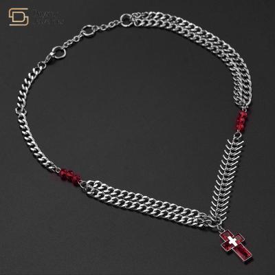 China Titanium Steel Hip Hop Red Cross Pendant Necklace Choker Chain 45cm for sale