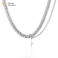 China Hip Hop Cuban Link Chain Necklace Titanium Steel Cross Pendant Double Layer 60cm for sale