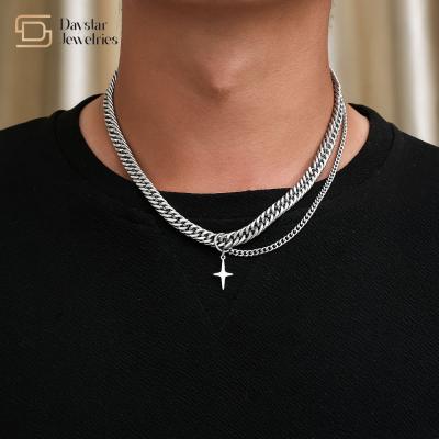 China Hip Hop Cuban Link Chain Necklace Titanium Steel Cross Pendant Double Layer 60cm for sale