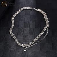 China Hip Hop Cuban Link Chain Necklace Titanium Steel Cross Pendant Double Layer 60cm for sale