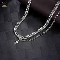China Hip Hop Cuban Link Chain Necklace Titanium Steel Cross Pendant Double Layer 60cm for sale