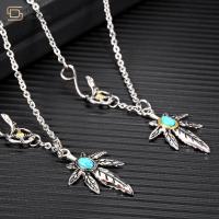 China Titanium Steel Turquoise Maple Leaf Pendant Necklace Goro Takahashi Engraved 18in for sale