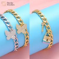 China Gold Plated Stainless Steel Butterfly Charm Bracelet with Key Lock Pendant 8mm Cuban Link for sale