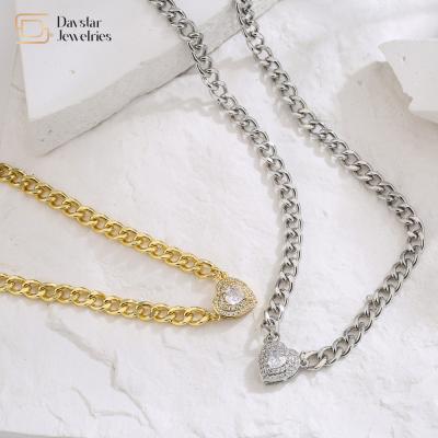 China Stainless Steel Heart Pendant Necklace Love Diamond Zircon Charm Cuban Link Chain 18 Inch for sale