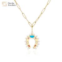 China Pearl Enamel Horseshoe Pendant Stainless Steel Paperclip Chain Necklace 45cm for Women for sale