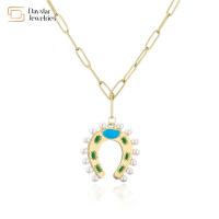 China Pearl Enamel Horseshoe Pendant Stainless Steel Paperclip Chain Necklace 45cm for Women for sale