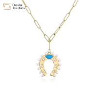 China Pearl Enamel Horseshoe Pendant Stainless Steel Paperclip Chain Necklace 45cm for Women for sale