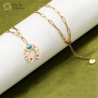 China Pearl Enamel Horseshoe Pendant Stainless Steel Paperclip Chain Necklace 45cm for Women for sale