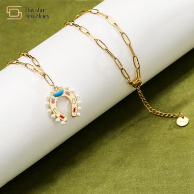 China Pearl Enamel Horseshoe Pendant Stainless Steel Paperclip Chain Necklace 45cm for Women for sale