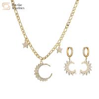 China Gold Plated Stainless Steel Star Moon Pendant Hoop Earrings Cuban Link Necklace Set for Women for sale