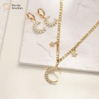 China Gold Plated Stainless Steel Star Moon Pendant Hoop Earrings Cuban Link Necklace Set for Women for sale