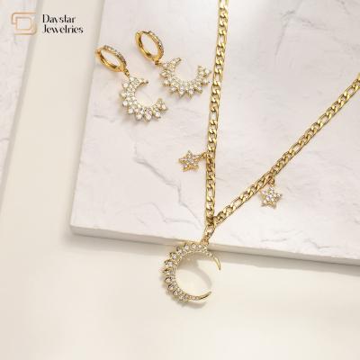 China Gold Plated Stainless Steel Star Moon Pendant Hoop Earrings Cuban Link Necklace Set for Women for sale