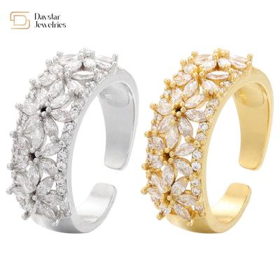 China 18k Gold Plated Flower Adjustable Ring Natural Zircon Stone Women Jewelry Size 6-9 for sale
