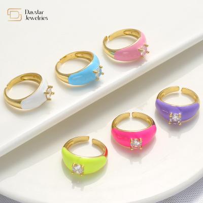 China Gold Plated Adjustable Enamel Zircon Chunky Rings Colorful Summer Jewelry Brass 18mm for sale