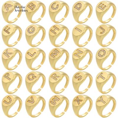 China 18k Gold Plated Adjustable Rhinestone Initial Ring Zircon Letter Ring for Women Men for sale