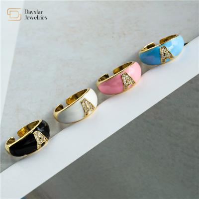 China Colorful Enamel Diamond Letter Rings Alphabet Zircon Gold Plated Chunky Rings Adjustable Size 6-12 for sale