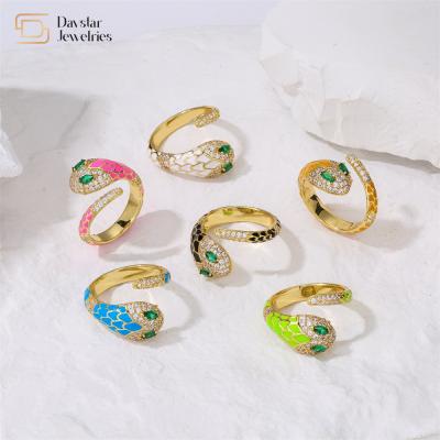 China Snake Colorful Enamel Green Diamond Zircon Cobra Ring Cute Adjustable Open for sale