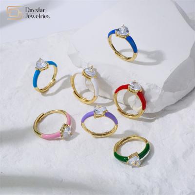 China Adjustable Enamel Heart Zircon Ring Gold Plated Brass 5A Cubic Zirconia Women Stacking Band for sale