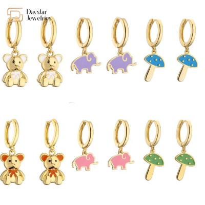 China 18k Gold Plated Brass Enamel Elephant Bear Mushroom Charm Hoop Earrings Cute Colorful Pendant Jewelry for sale