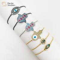 China 18K Gold Plated Evil Eye Hamsa Hand Charm Bracelet Adjustable 6-9 Inches for sale