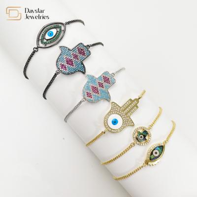 China 18K Gold Plated Evil Eye Hamsa Hand Charm Bracelet Adjustable 6-9 Inches for sale