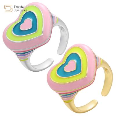 China Y2K Rainbow Heart Ring Colorful Enamel Gold Plated Brass Adjustable Women Jewelry 18k for sale