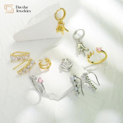 China 18k Gold Plated Heart Charm Hoop Earrings with Cubic Zirconia Stone Ear Cuffs for sale