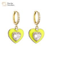 China 14K Gold Plated Heart Diamond Enamel Pendant Hoop Earrings Cubic Zirconia 2.5cm for sale