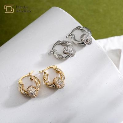 China 18k Gold Plated Rhinestone Hoop Earrings Twist Diamond Ball Charm Pendant 2 inch for sale