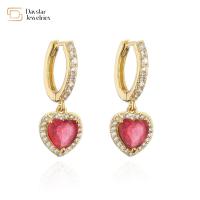 China 24k Gold Plated Brass Hoop Earrings with Cubic Zirconia Heart Dangle Drop for Women for sale