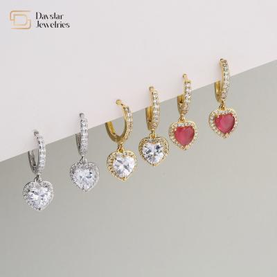 China 24k Gold Plated Brass Hoop Earrings with Cubic Zirconia Heart Dangle Drop for Women for sale