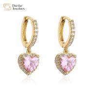 China 24k Gold Plated Brass Hoop Earrings with Cubic Zirconia Heart Dangle Drop for Women for sale