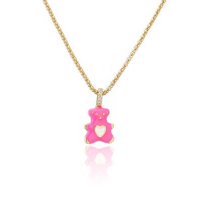 China 24k Gold Plated Enamel Bear Zircon Pendant Necklace 45cm Chain Custom Jewelry for sale
