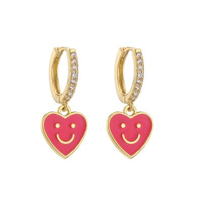 China 14k Gold Enamel Smiley Face Heart Dangle Earrings Oil Drop Pendant Jewelry for sale