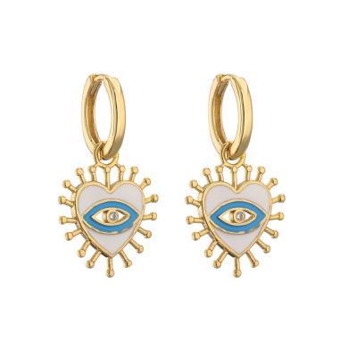 China 14k Gold Plated Crystal Enamel Turkish Evil Eye Heart Shape Hoop Earrings 18mm for sale