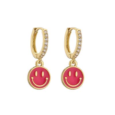China 14k Gold Plated Smile Enamel Hoop Earrings Cute Round Oil Drop Jewelry for sale