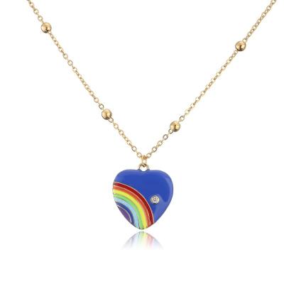 China 14k Gold Plated Rainbow Enamel Heart Pendant Necklace Thin Bead Chain 18 Inch for sale