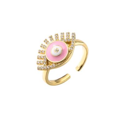 China 18K Gold Plated Adjustable Evil Eye Ring CZ Rainbow Enamel Open Ring Jewelry for sale