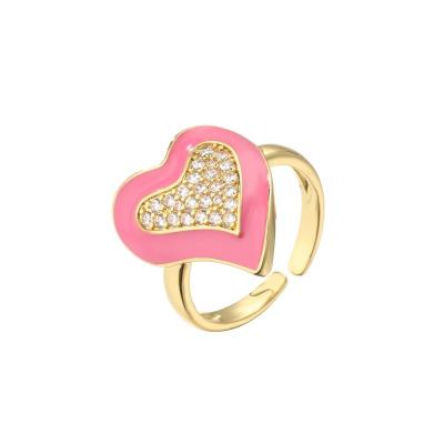 China 18K Gold Plated Diamond Heart Enamel Ring for Women Adjustable Size 5-8 for sale
