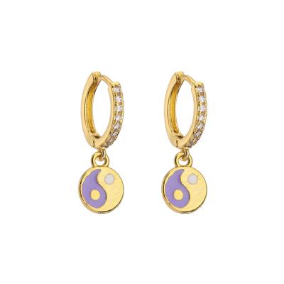 China Enamel Rhinestone Hoop Earrings Gold Plated Yin Yang Pendant 2 Inch for sale