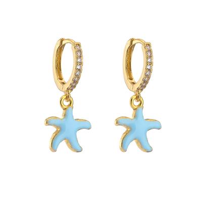 China Gold Plated Starfish Rhinestone Hoop Earrings Zircon Enamel Jewelry for Women 30mm for sale