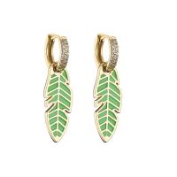 China Gold Plated Rhinestone Huggie Hoop Earrings Leaf Dripping Oil Pendant 15mm for sale
