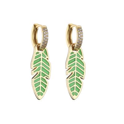 China Gold Plated Rhinestone Huggie Hoop Earrings Leaf Dripping Oil Pendant 15mm for sale