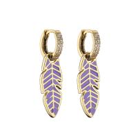 China Gold Plated Rhinestone Huggie Hoop Earrings Leaf Dripping Oil Pendant 15mm for sale