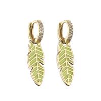 China Gold Plated Rhinestone Huggie Hoop Earrings Leaf Dripping Oil Pendant 15mm for sale