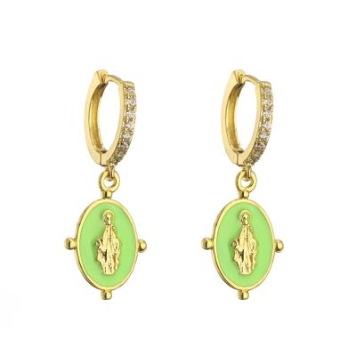 China Gold Plated Virgin Mary Rhinestone Hoop Earrings Custom OEM Jewelry 20mm for sale