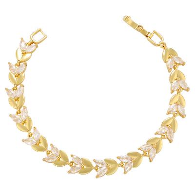 China 18K Gold Plated Cubic Zircon Wheat Chain Bracelet Olive Leaves Design 7.5 Inch for sale