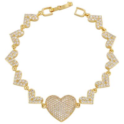China OEM 18K Gold Plated Love Heart Shaped Tennis Bracelet Micro Zircon Jewelry 7.5 Inch for sale