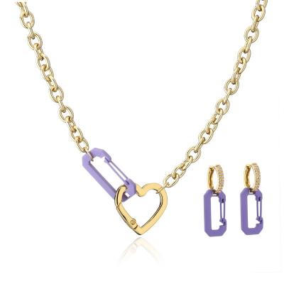 China 18K Gold Plated Stainless Steel Jewelry Set Necklace Earring Set Love Heart Pendant 2 Piece for sale