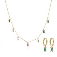 China Stainless Steel 18K Gold Plated Zircon Jewelry Set Square Crystal Pendant Necklace Earrings for sale